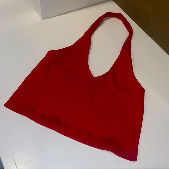 Tops | Red Deep V Stretch Halter | Poshmark